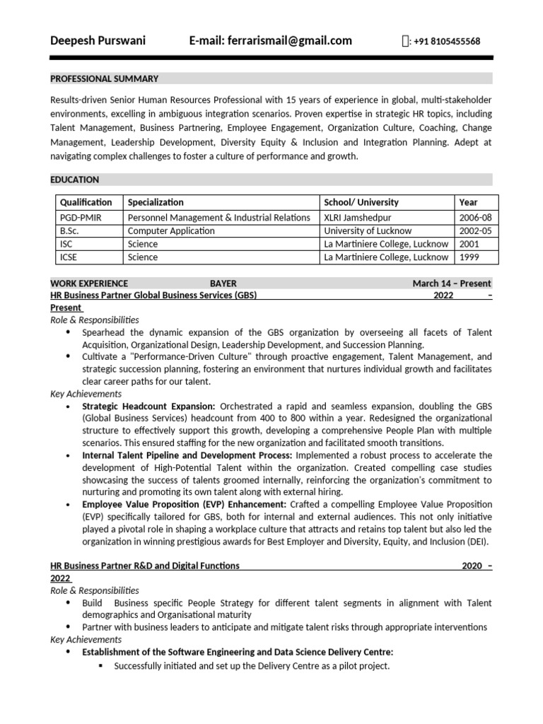 Deepesh Purswani 2024 CV | PDF | Talent Management | Recruitment