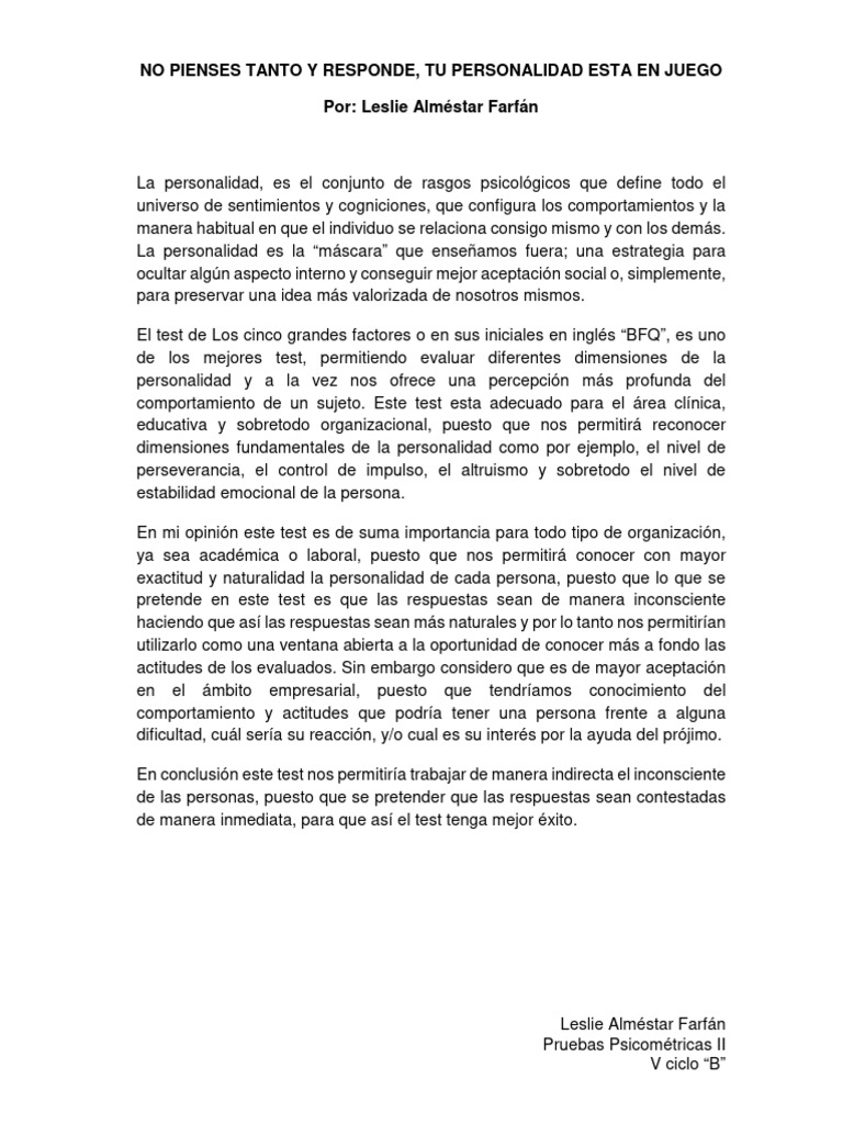 Art. Personalidad BFQ | PDF