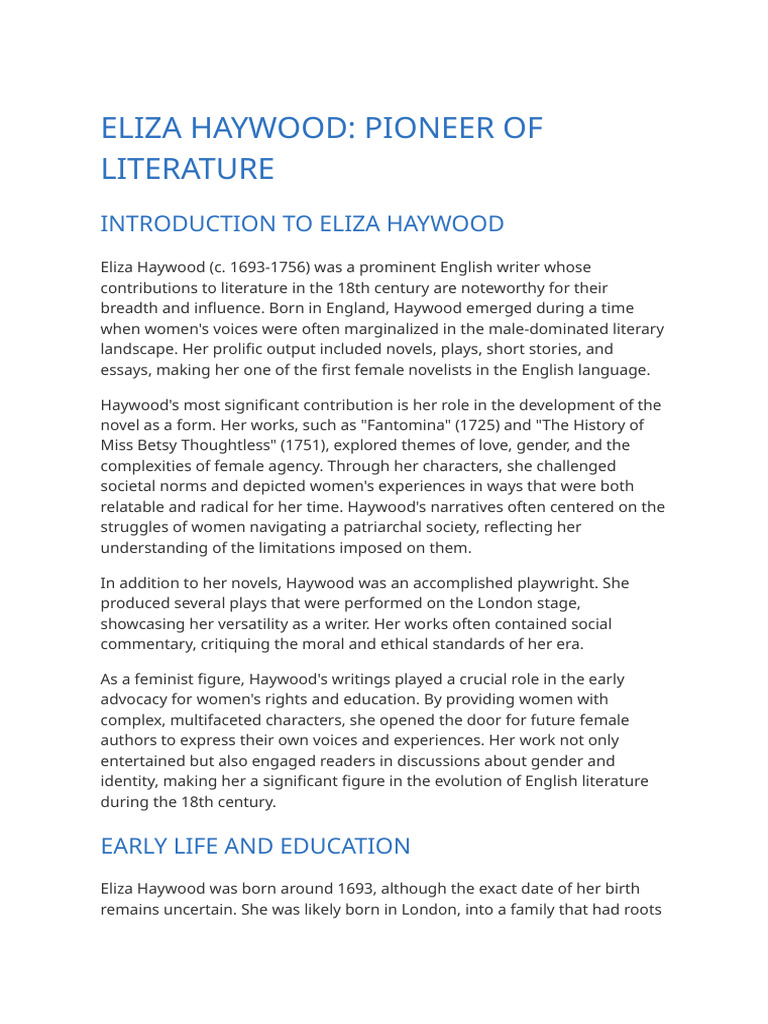 Eliza Haywood - Pioneer of Literature | PDF | Narrative | Feminism