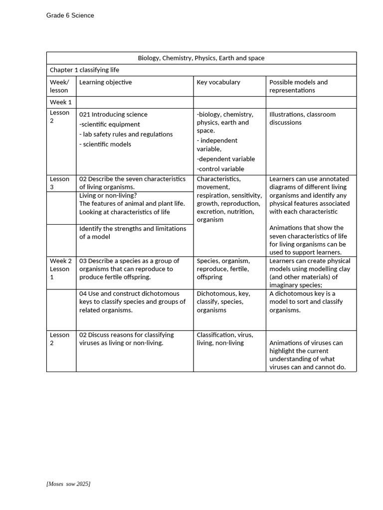 Grade 6 Science Scheme of Work 2025 | PDF | Cell (Biology) | Chemical ...
