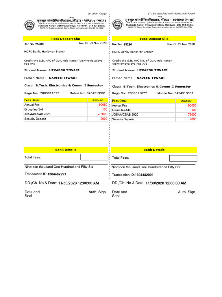 Gurukul Kangri Fee Slip | PDF