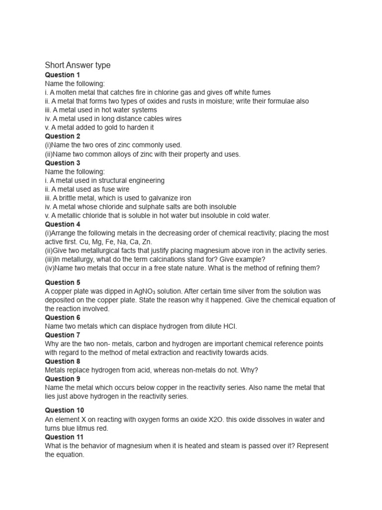 Metal Nonmetal Worksheet | PDF | Metals | Ore