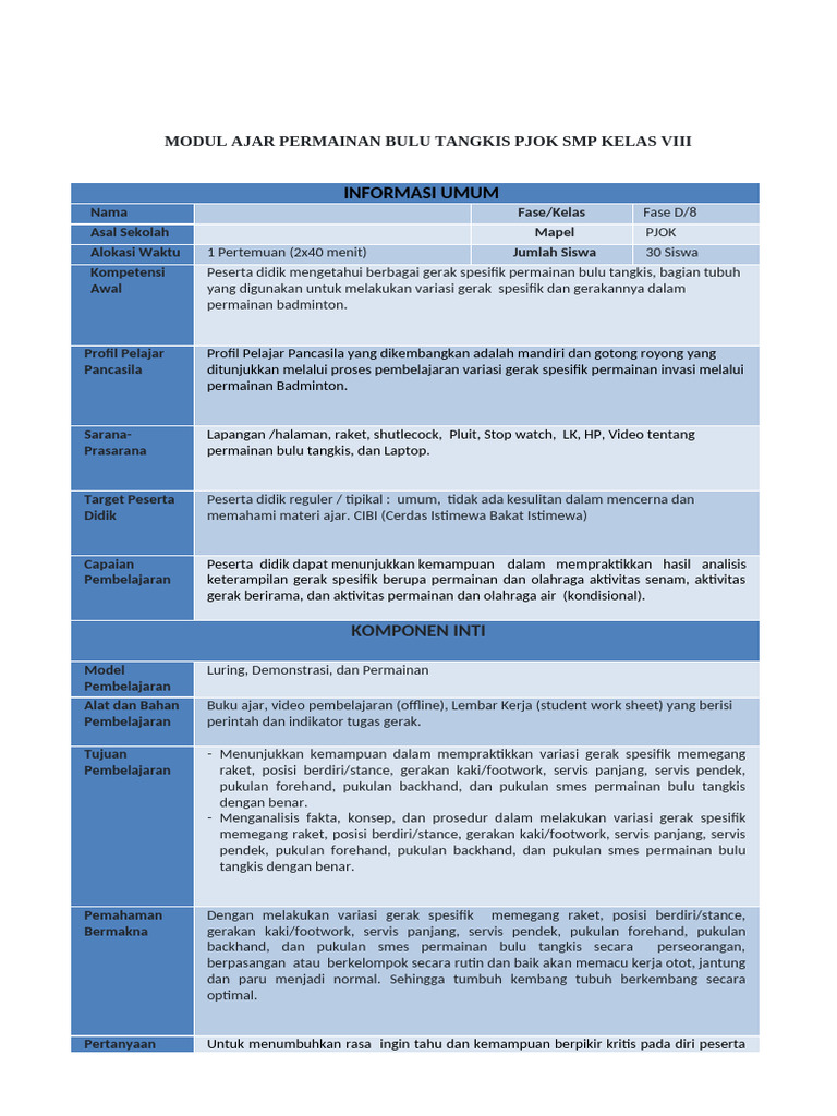 Modul Ajar Badminton SMP | PDF