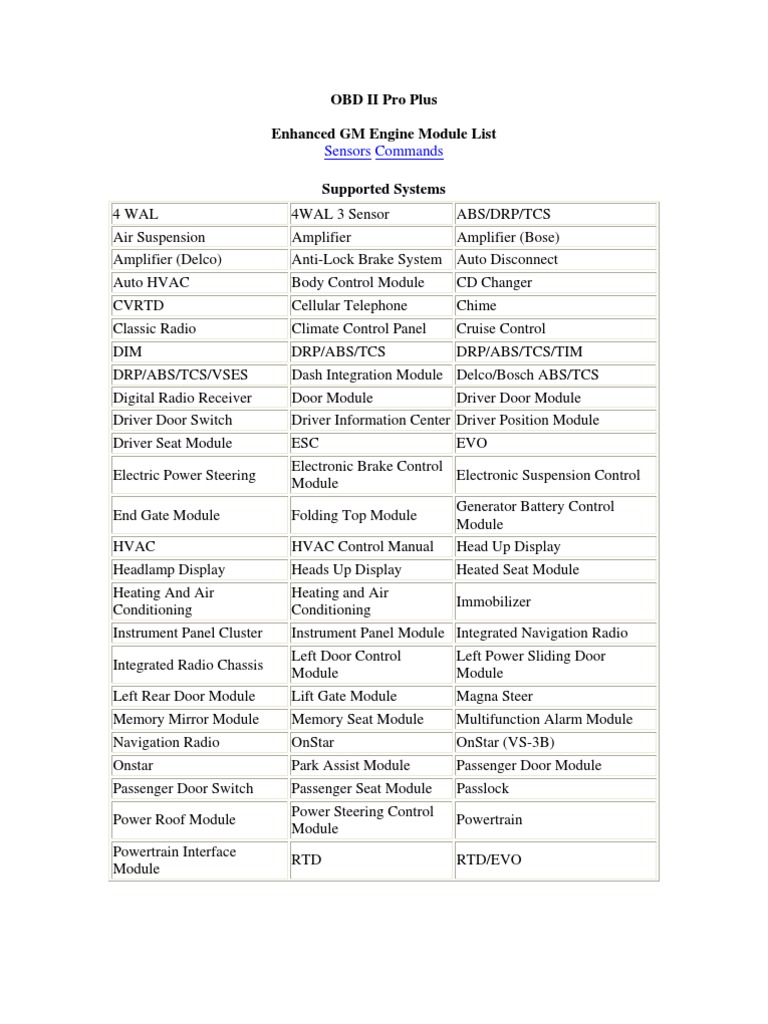 OBD II Pro Plus Enhanced GM Engine Module List: Sensors Commands | PDF