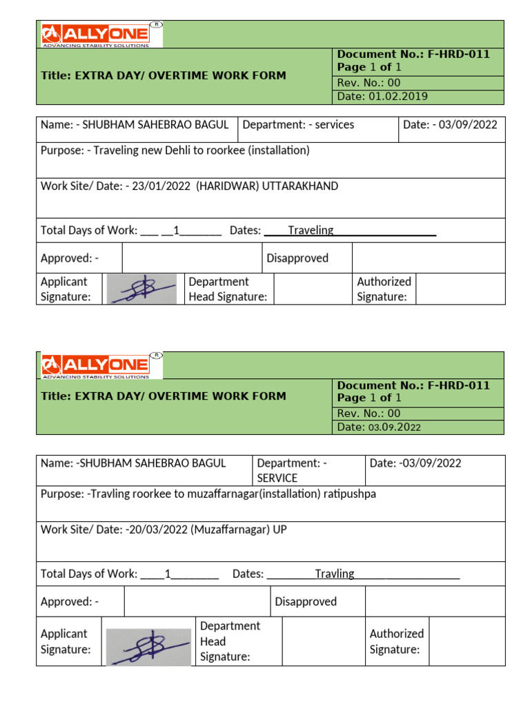 F-HRD-011 - Extra Day Work - Overtime Form-1 | PDF