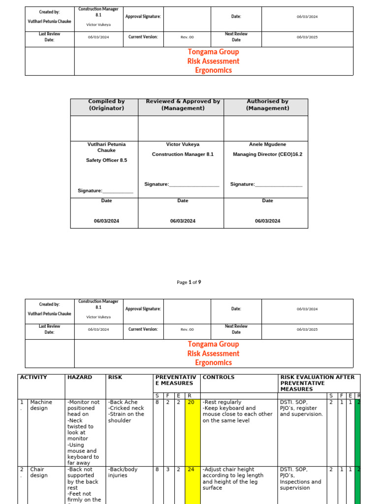 Risk Assessment - Ergonomics Tongama_125337 | PDF | Personal Protective ...