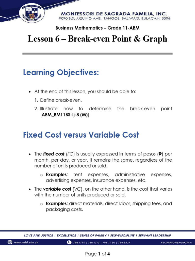 Study Note #6-Break-Even Point & Graph | PDF | Business Economics ...