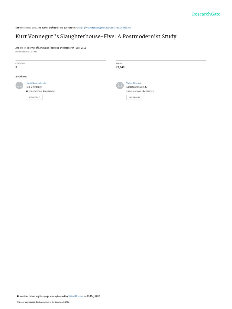 Kurt Vonneguts Slaughterhouse-Five A Postmodernist | PDF ...