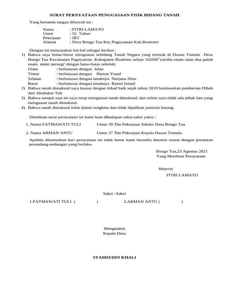 Surat Pernyataan Penguasaan Fisik Atas Tanah | PDF