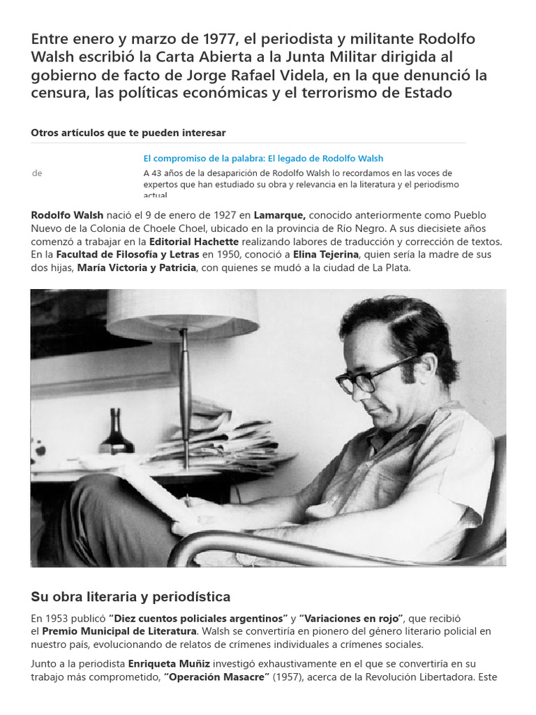 Rodolfo Walsh y La Carta Abierta de Un Escritor A La Junta Militar ...