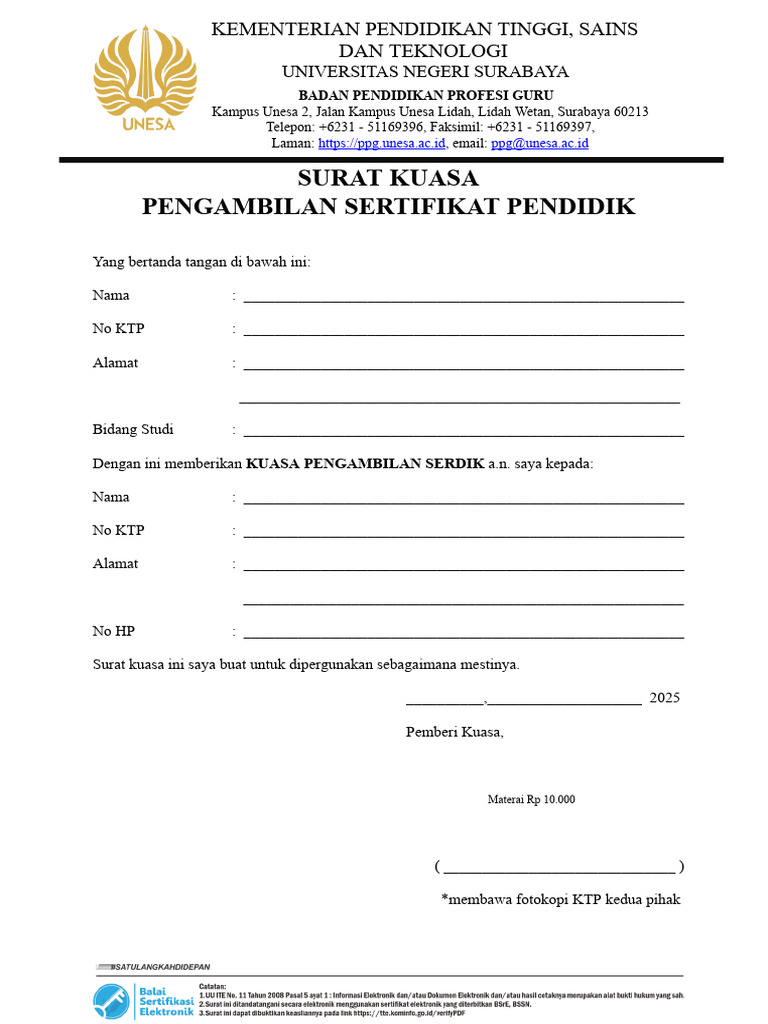 Surat Kuasa Pengambilan Serdik GT 3 | PDF