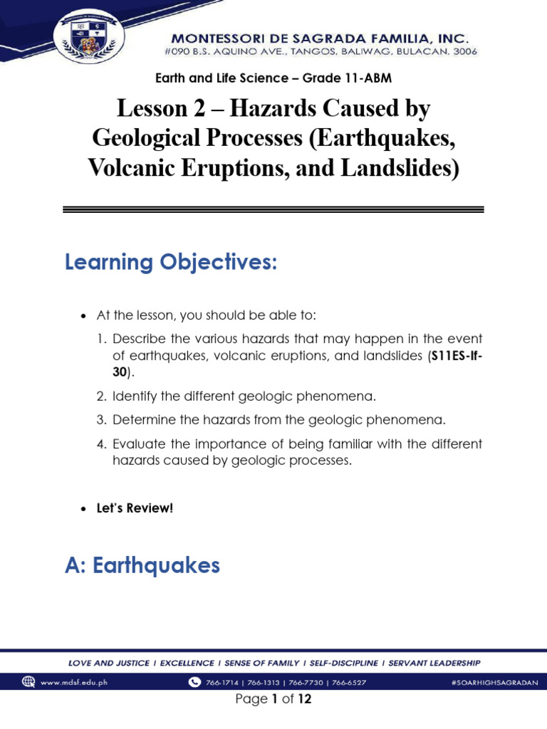 Study Note #2.1-Hazards Caused by Geological Processes | PDF ...