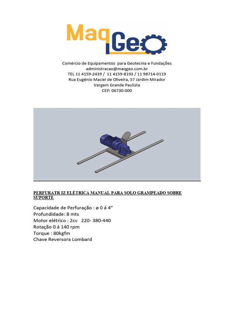 Dados Técnicos Perfuratriz Elétrica Manual ZAZÁ | PDF