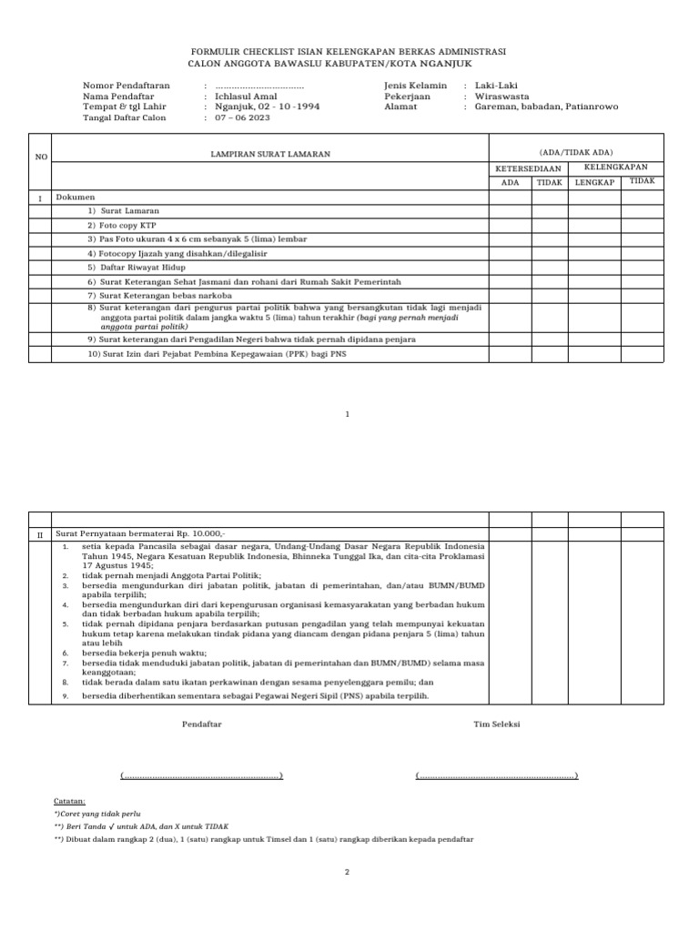 Form Checklist Isian Kelengkapan Berkas Administrasi Calon Anggota ...
