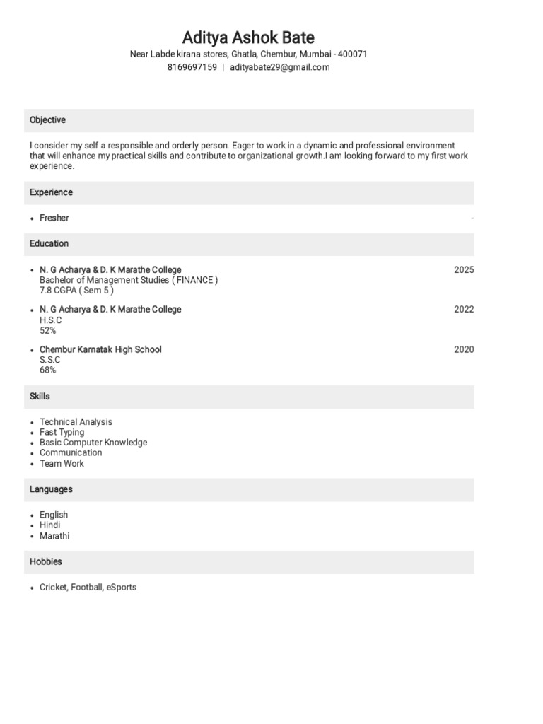 Aditya Bate CV Recent | PDF