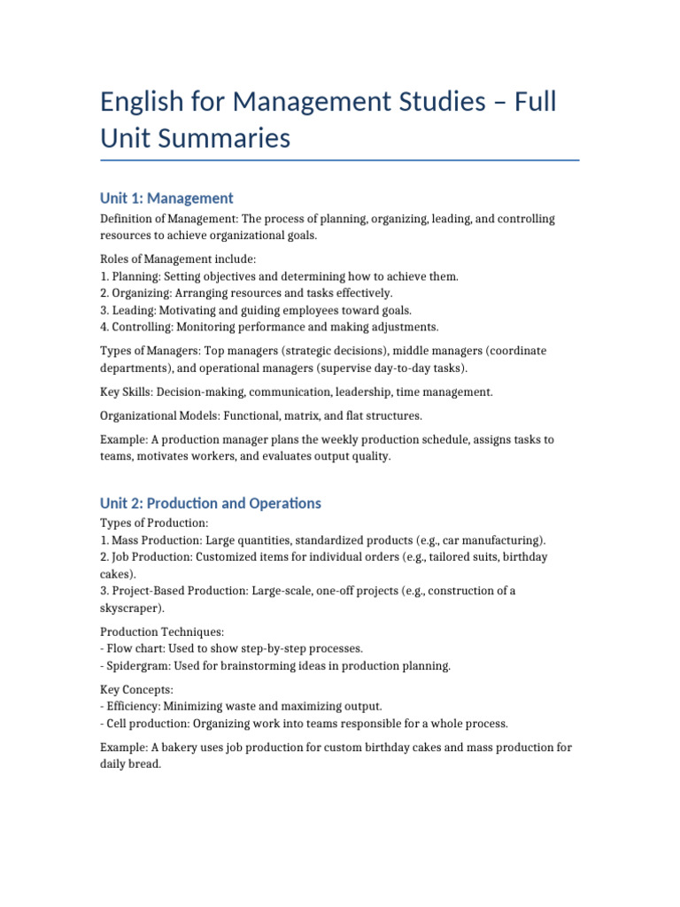 Management Studies Unit Summaries | PDF | Strategic Management | Leadership