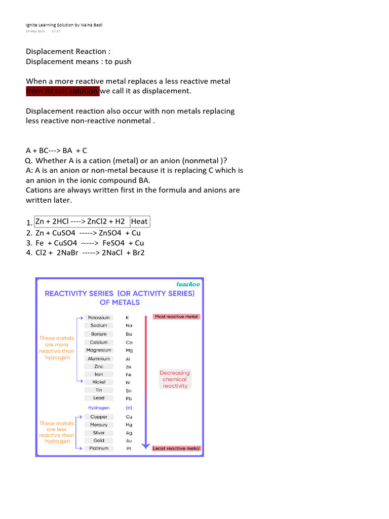 Displacement, Double Displacement, Redox | PDF