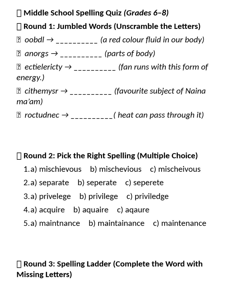 Middle School Spelling Quiz (Grades 6-8) | PDF