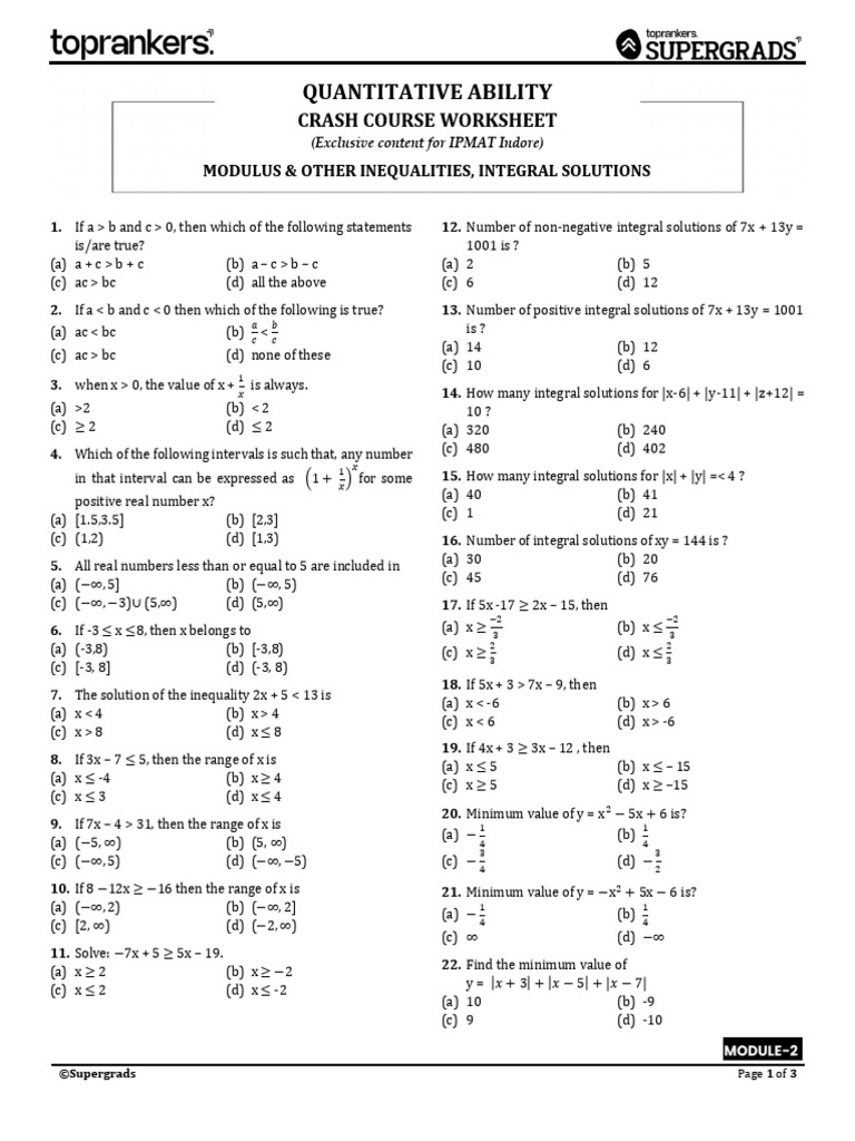 Quantitative Ability Worksheet Answers | PDF | Inequality (Mathematics ...