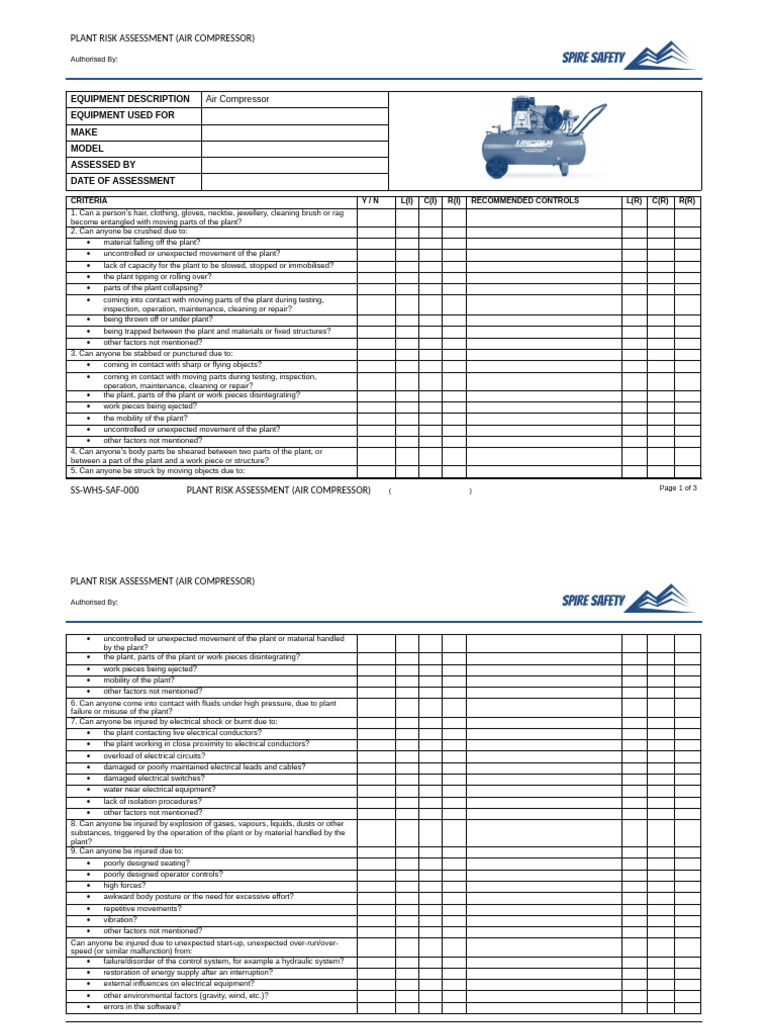 SS WHS SAF 000 Plant Risk Assessment Air Compressor 1 | PDF | Risk | Safety