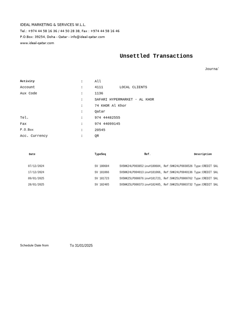 Safari Hypermarket Group - Unsettled Invoices as of 31-01-2025 - Copy | PDF