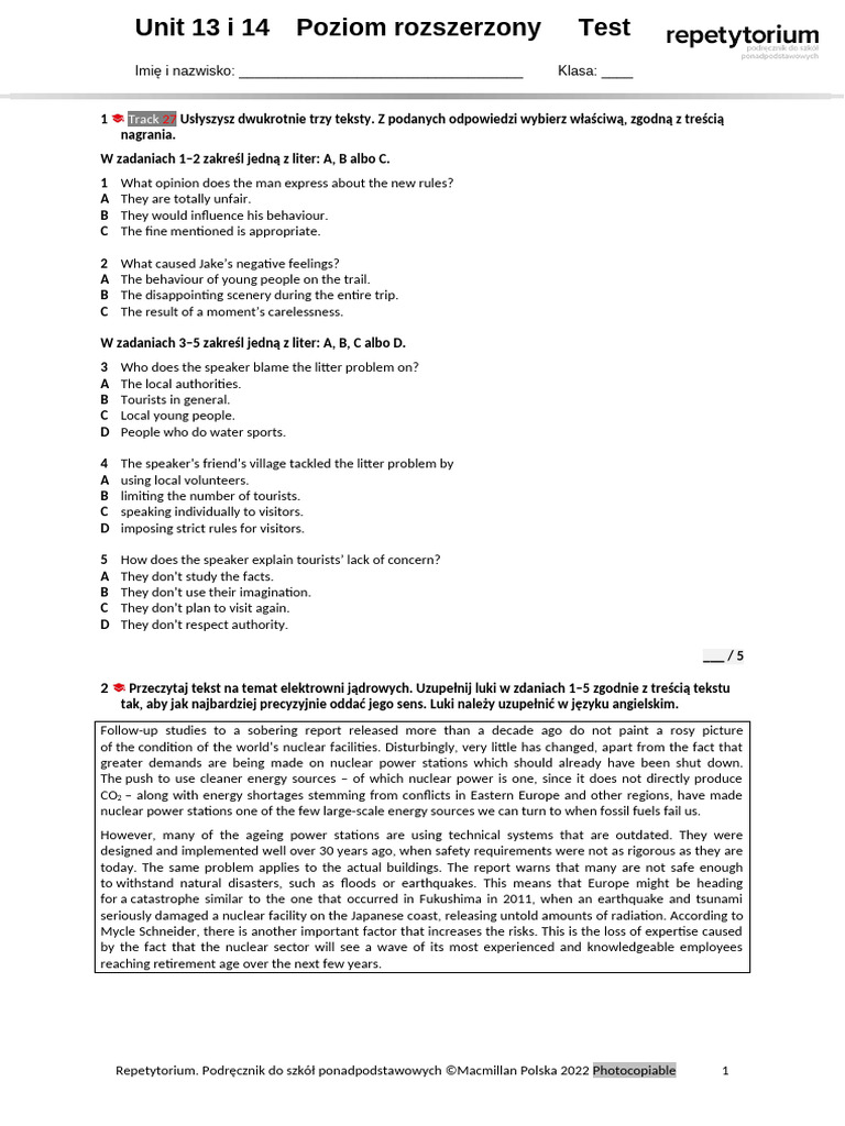 U13 I Unit 14 Test Poziom Rozszerzony | PDF | Nuclear Power | Energy ...