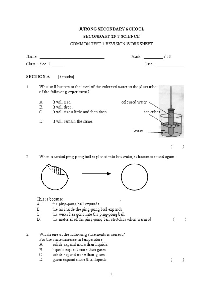 Sec 2NT Science Common Test Revision | PDF | Gases | Water
