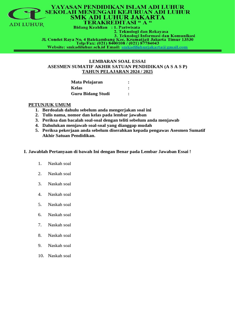 Soal Essai ASASP 2024/2025 | PDF