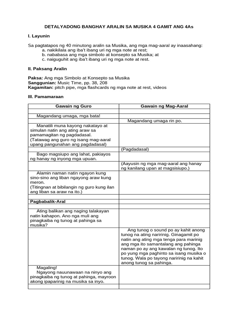 DETALYADONG BANGHAY ARALIN SA MUSIKA 4 GAMIT ANG 4as | PDF