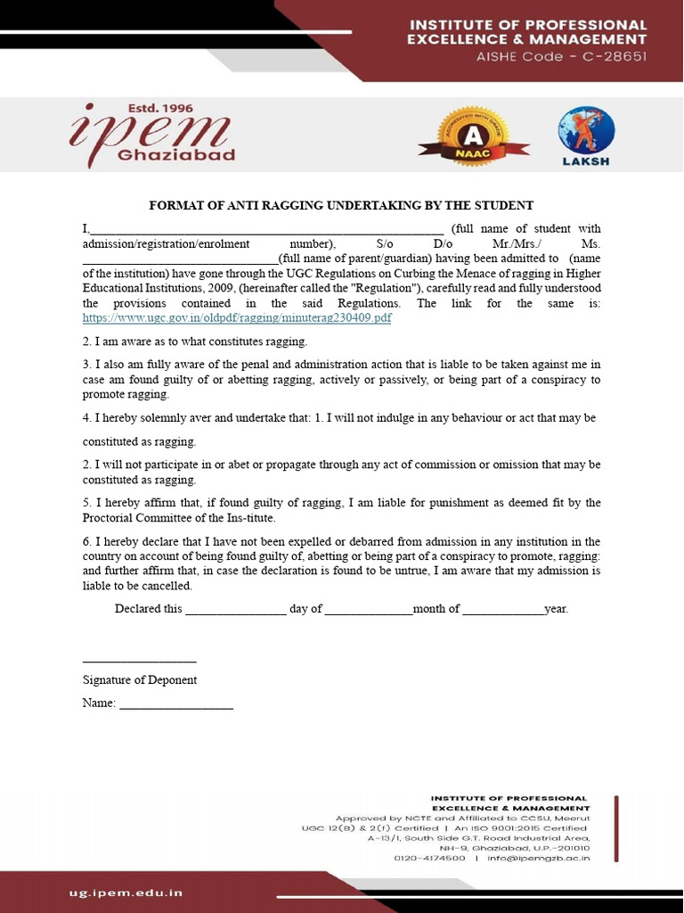 Format of Anti Ragging Undertaking by The Student | PDF