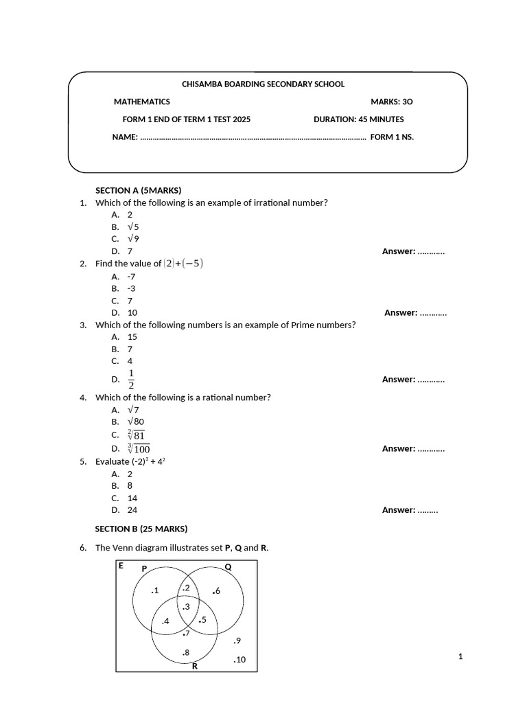 Form 1 NS Mathematics End of T1 | PDF | Algebra | Abstract Algebra