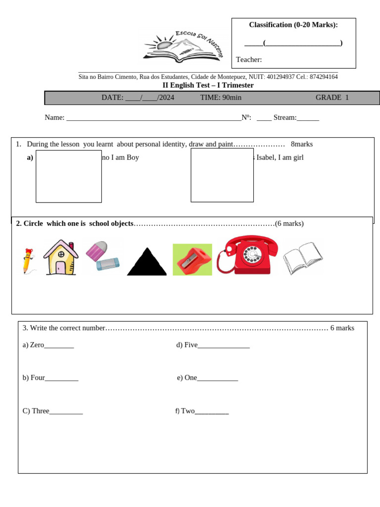 2 Test Ingles 1 Classe | PDF