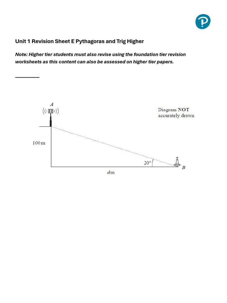 Printer Friendly Unit 1 Revision Sheet E Pythagoras and Trig Higher ...
