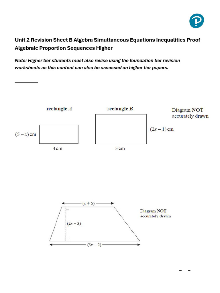 Printer Friendly Unit 2 Revision Sheet B Algebra Simultaneous Equations Inequalities Proof ...