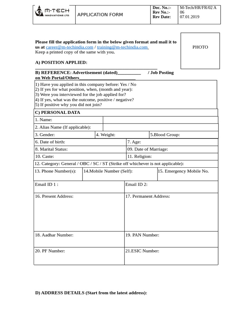 M-Tech Job Application Form | PDF | Salary