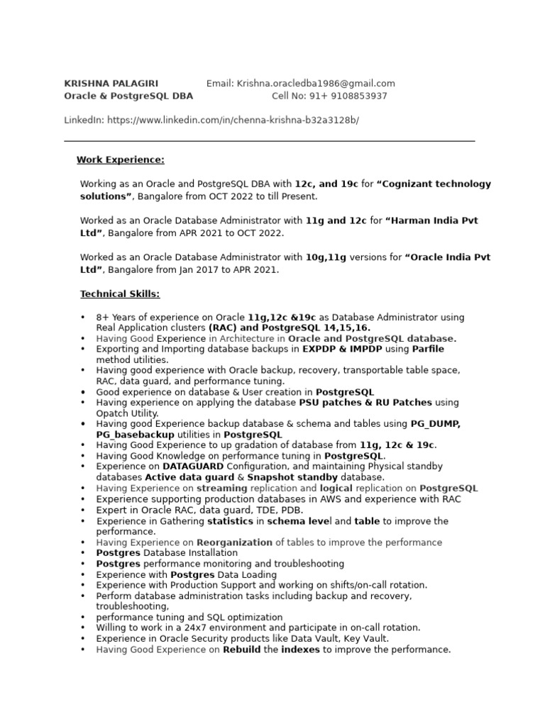 Oracle PostgreSQL DBA Resume | PDF | Databases | Postgre Sql