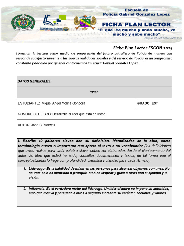 Miguel Angel Molina Gongora #1 FICHA PLAN LECTOR 007 2025 | PDF | Liderazgo | Desarrollo personal