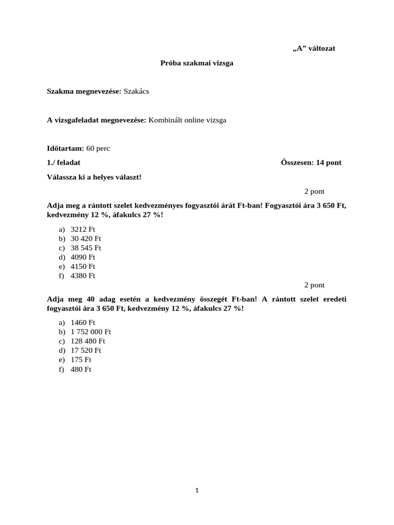 Próba Vizsga - Szakács - A Változat | PDF