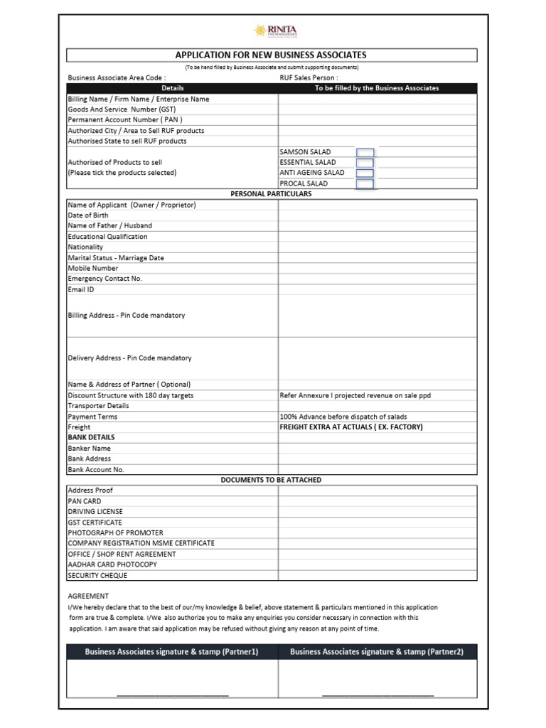 Bussiness Associates Application Form (F) | PDF