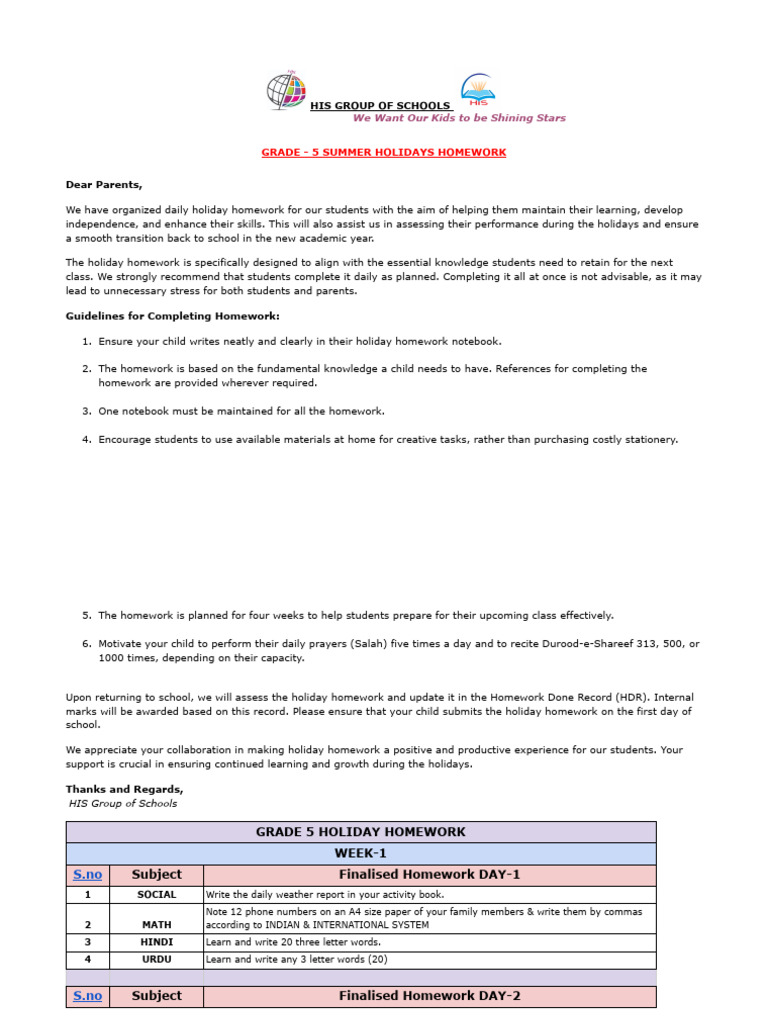 Grade5 Summer Holiday Homework 2024 2025 | PDF | Part Of Speech | Linguistics