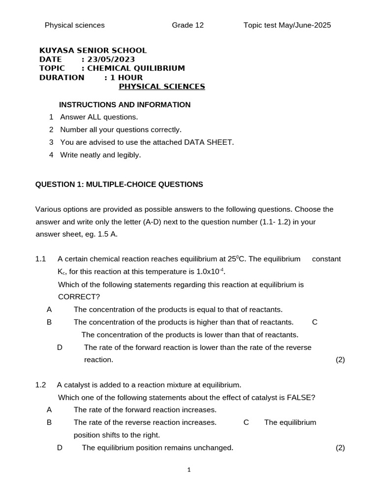 Test Per Topic QP (Chemical Equilibrium 2021) | PDF | Chemical ...