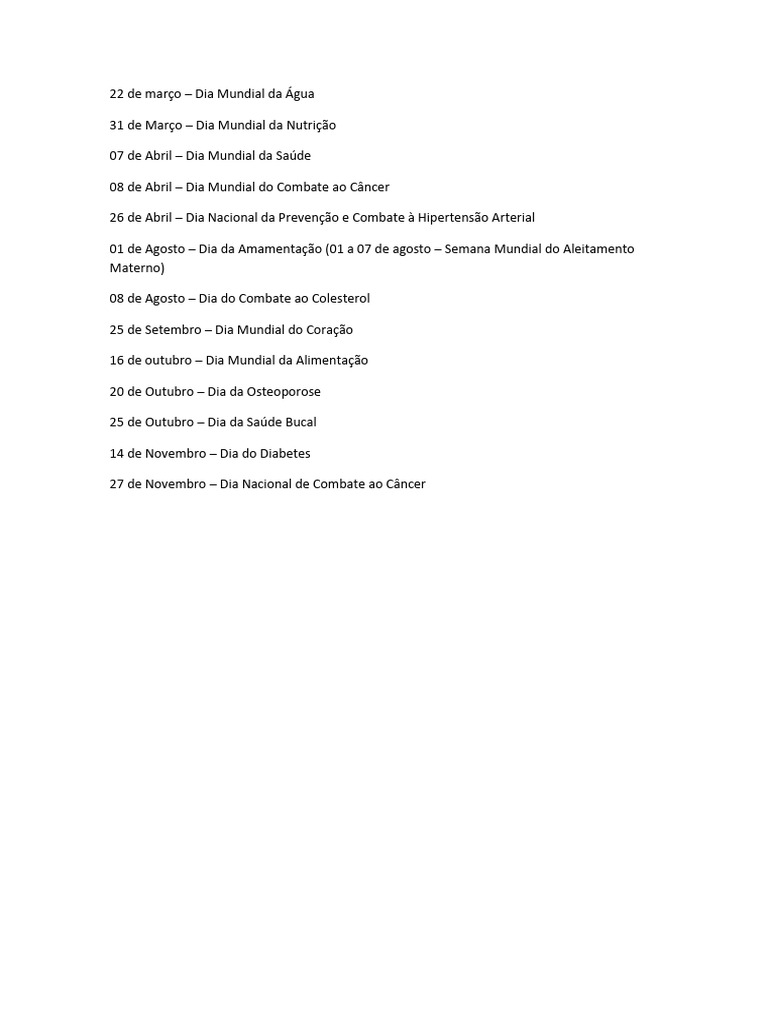 Datas Comemorativas em Nutrição | PDF