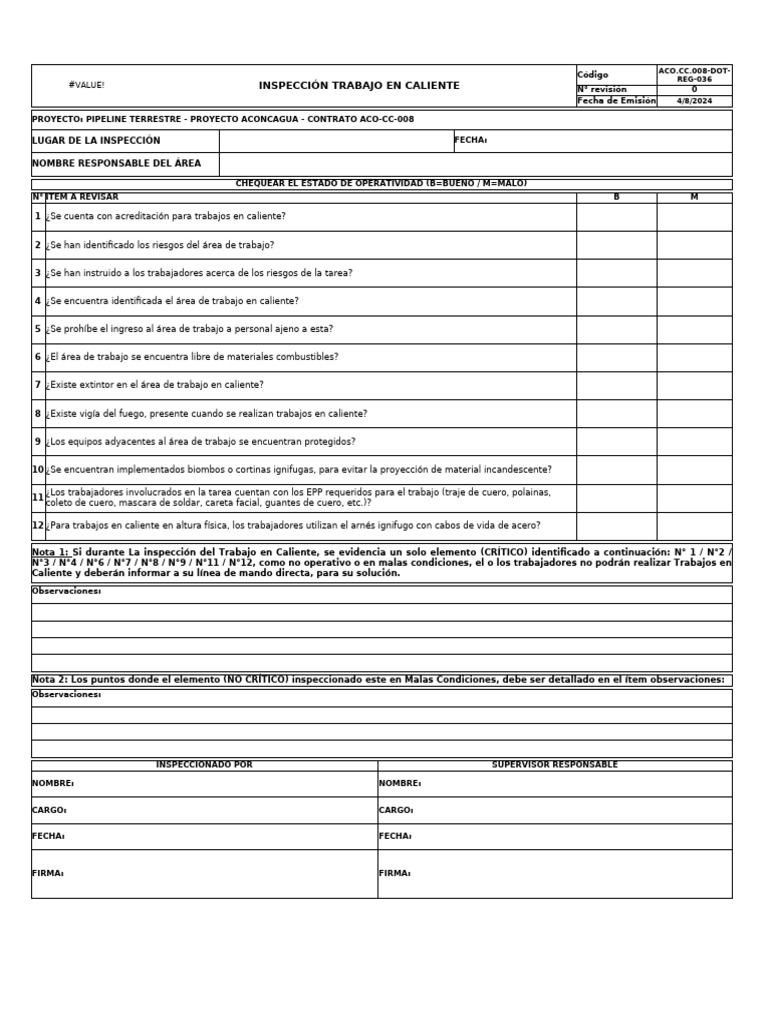 Form. ACO - cc.008 DOT REG 012 Trabajo en Caliente | PDF
