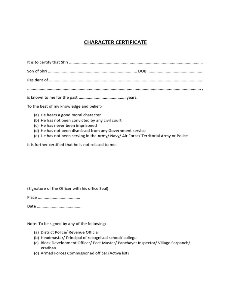 Character Certificate Format for Army | PDF