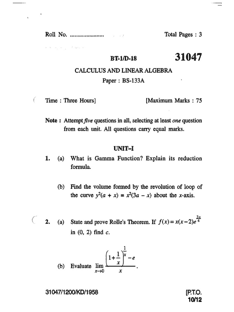 Calculus and Linear Algebra | PDF