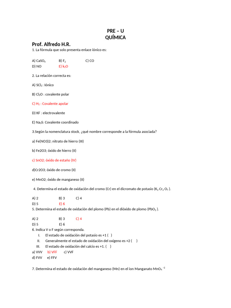 QUIMICA PreU Examen 6 - Urcos | PDF | Redox | Enlace covalente