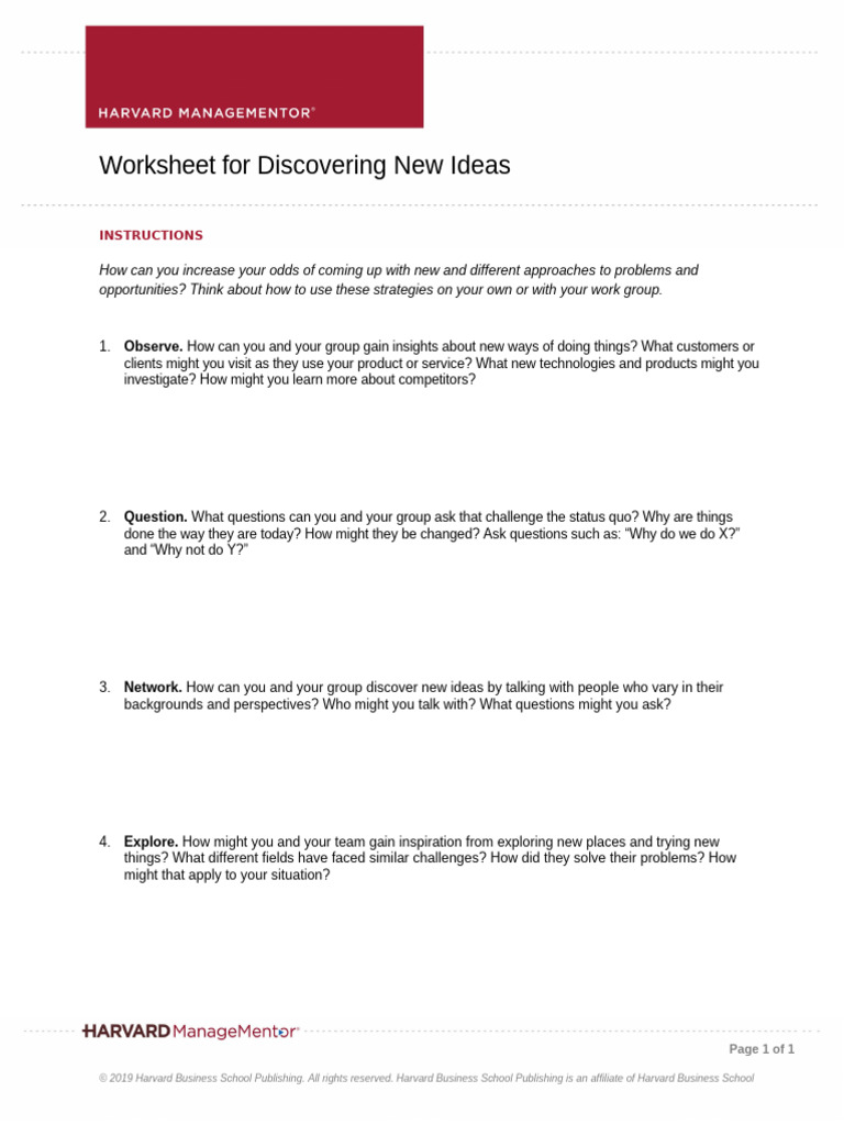 Worksheet For Discovering New Ideas | PDF