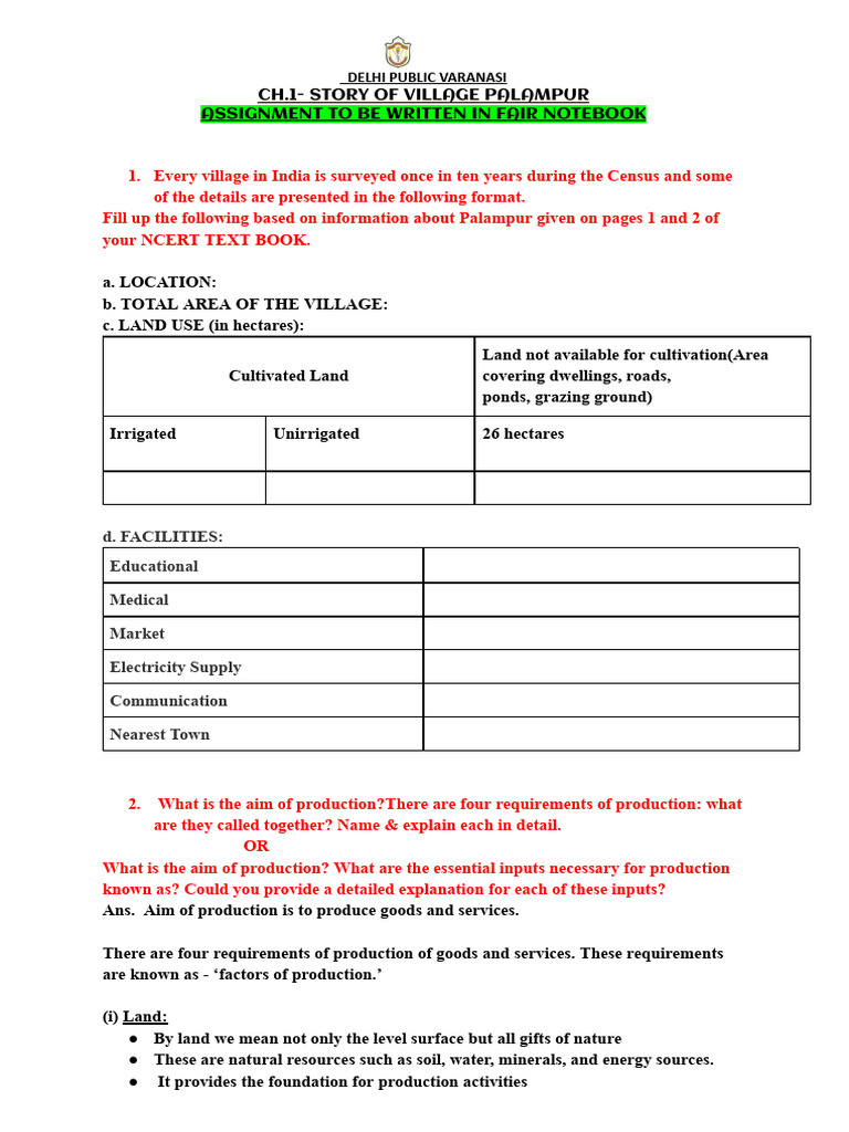 ASSIGNMENT-1-Ch.1 - STORY OF VILLAGE PALAMPUR - 2024-25 | PDF | Agriculture | Capital (Economics)