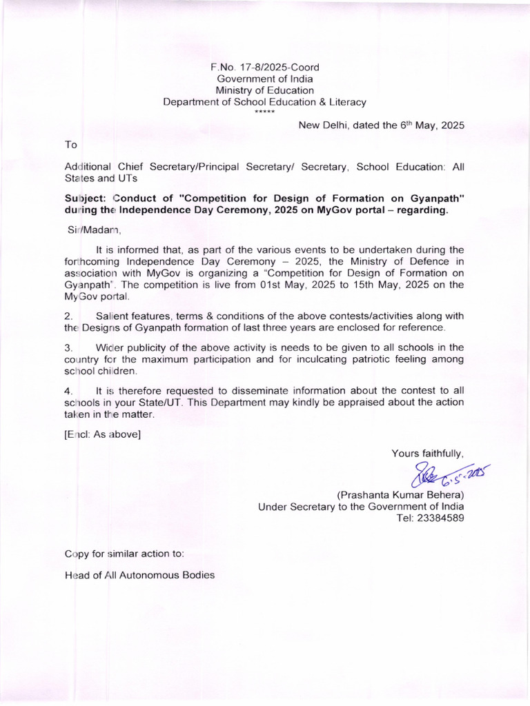 Ministry Letter Dated 06.05.2025 - Competition For Design Gyanpath | PDF