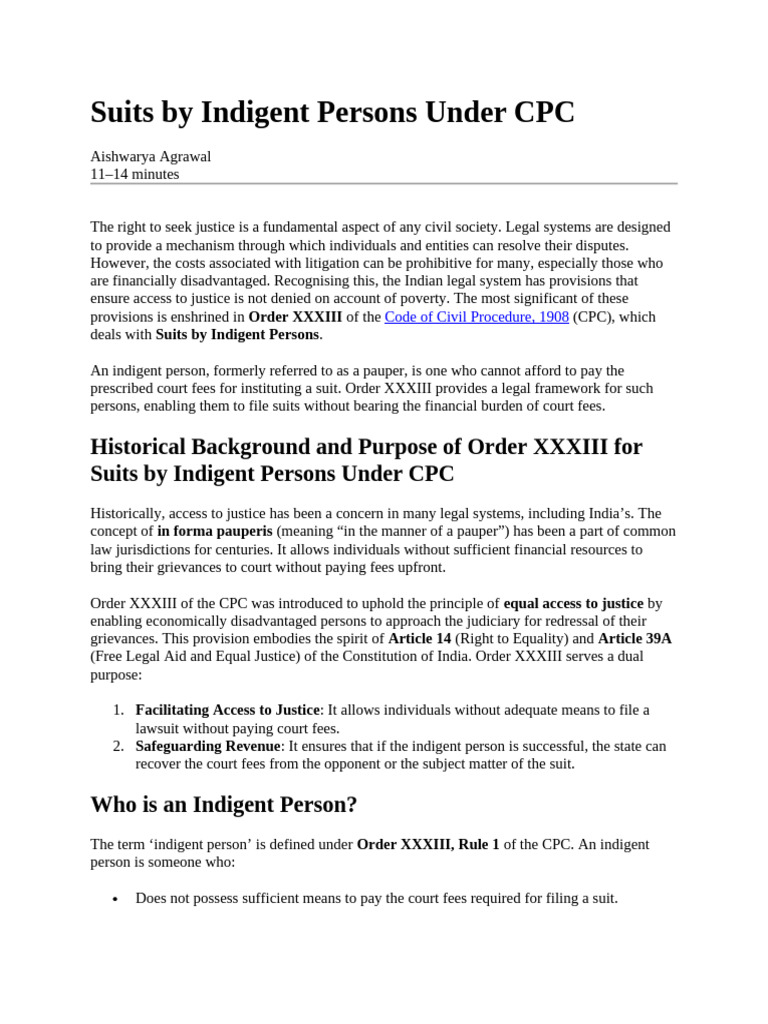 Suits by Indigent Persons Under CPC | PDF | Lawsuit | Legal Aid